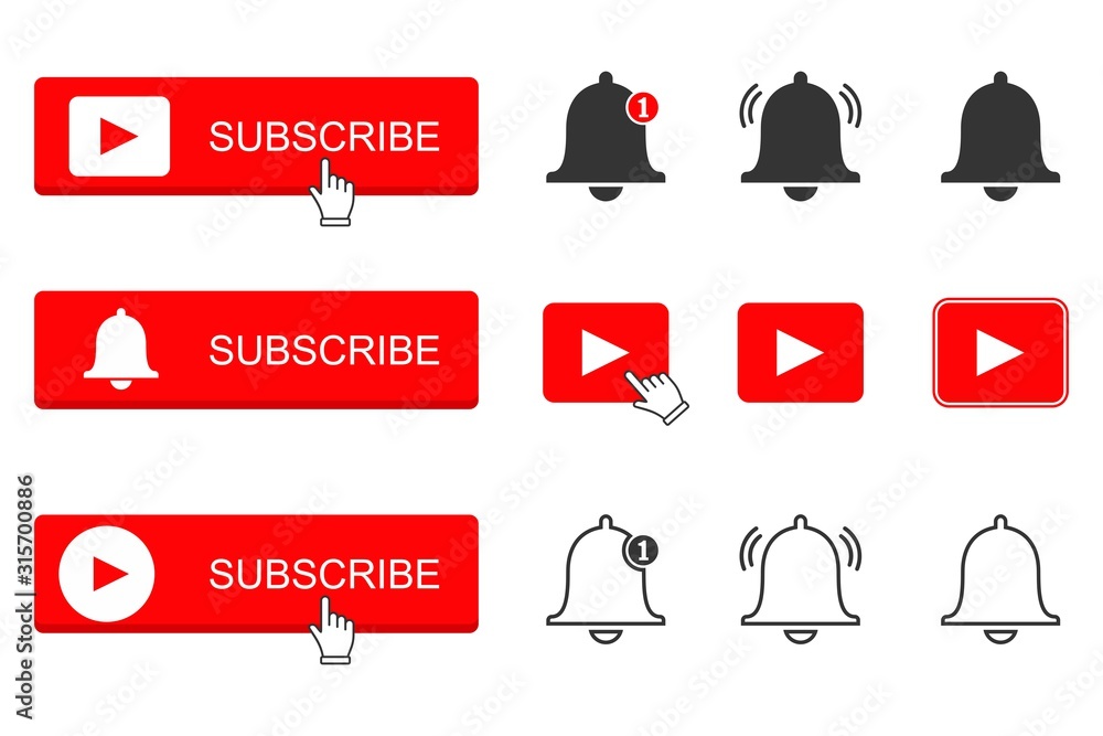 Subscribe red button and notification bells isolated on white background, vector Illustration ...