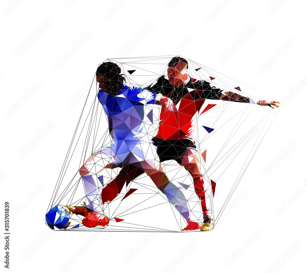 Soccer players, isolated low poly vector illustration. Two footballers ...