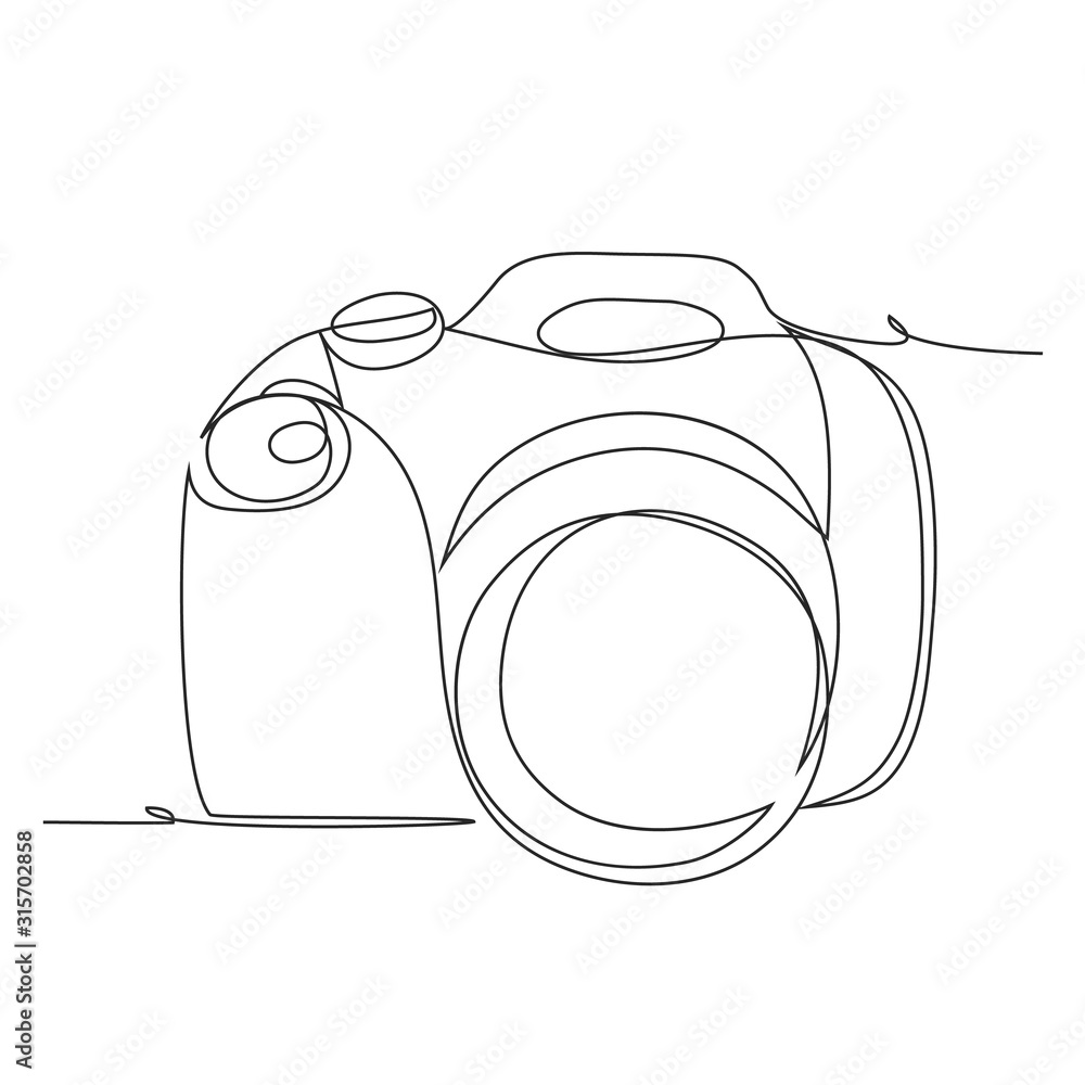 Professional digital camera one line drawing on white isolated ...