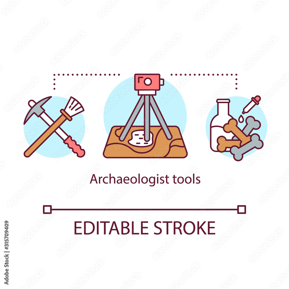 Archeologist tools concept icon. Archaeological expedition. Excavation ...