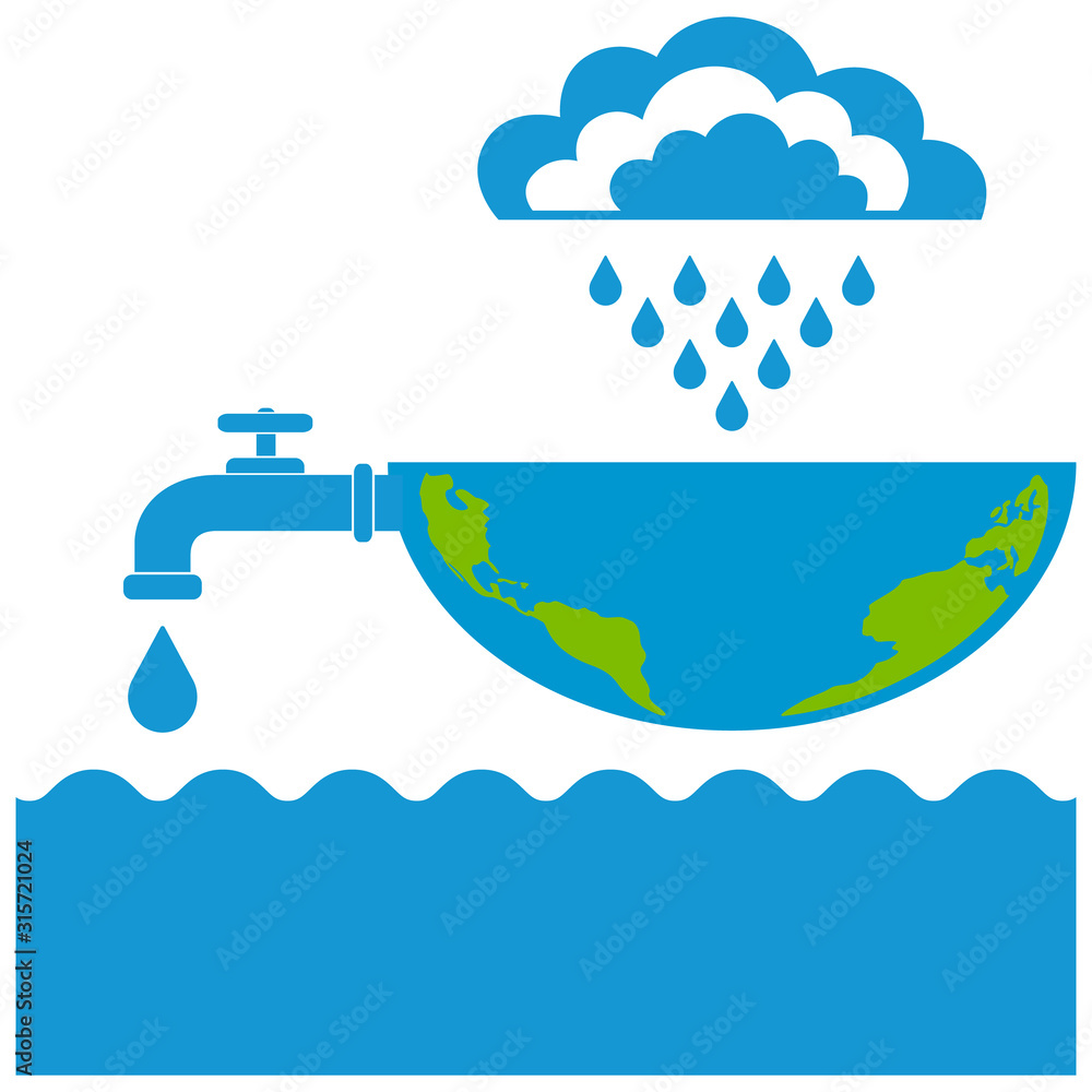 Symbols of clouds, rain, drops, world map, water tap, waves. Ecology ...