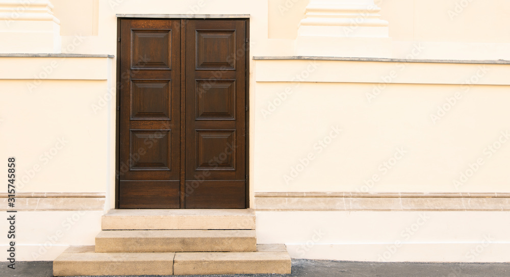 entrance wooden door with stairs on a porch concrete wall minimalism ...