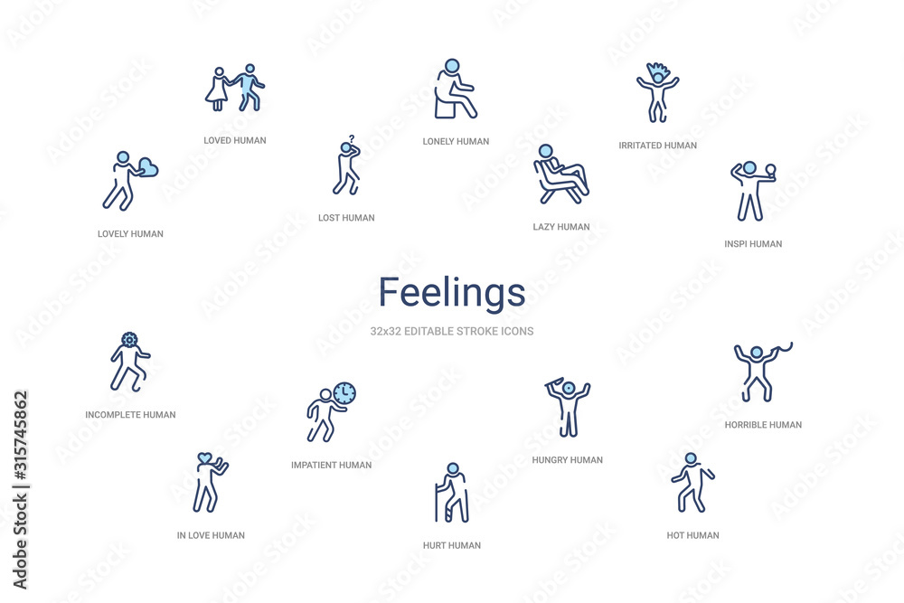 feelings concept 14 colorful outline icons. 2 color blue stroke icons ...