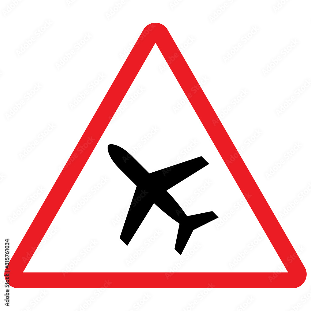 Airport warning sign or low flying airplane, red triangle background ...