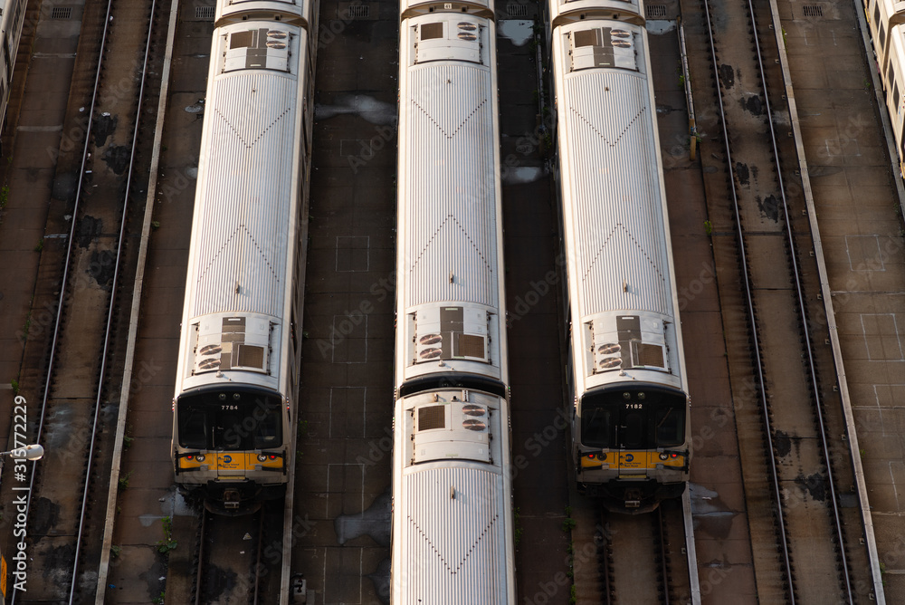 Commuter trains and locomotives stored on the tracks of the West Side ...