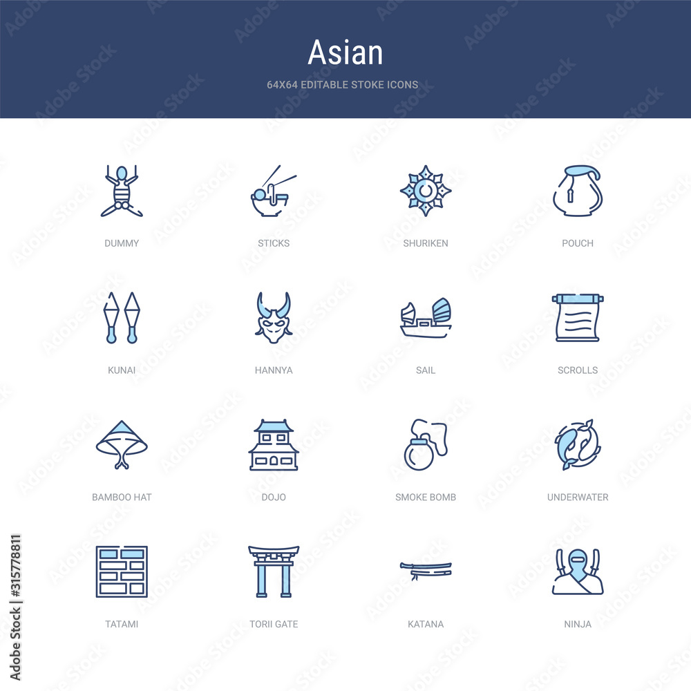 set of 16 vector stroke icons such as ninja, katana, torii gate, tatami ...