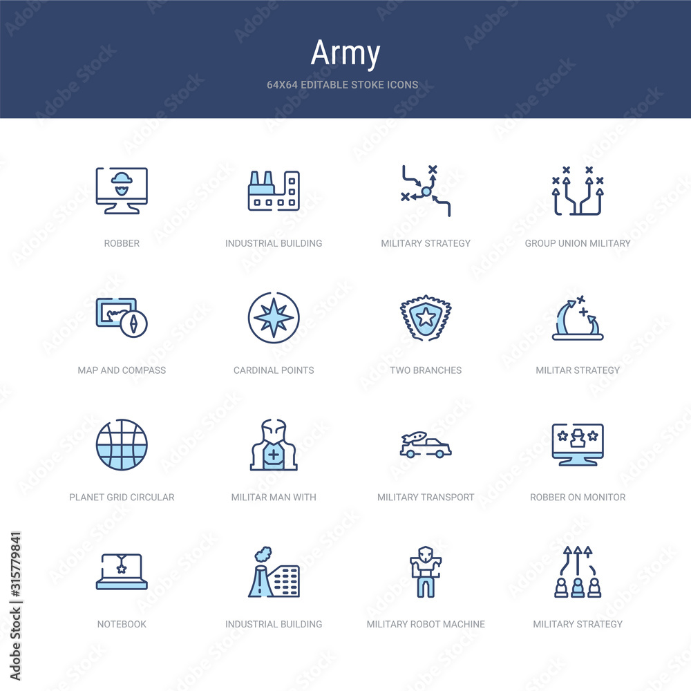 set of 16 vector stroke icons such as military strategy, military robot ...