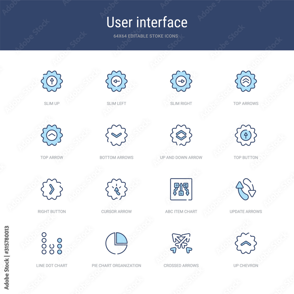 set of 16 vector stroke icons such as up chevron, crossed arrows, pie chart organization, line ...