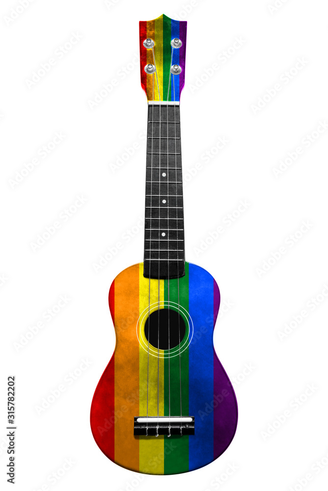Hawaiian national guitar, ukulele, with a painted LGBT flag, on a white ...