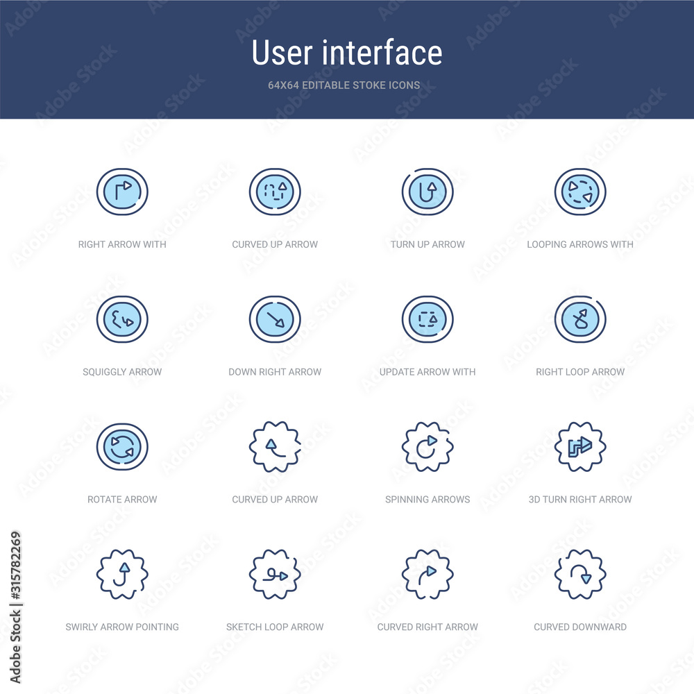 set of 16 vector stroke icons such as curved downward arrow, curved right arrow, sketch loop ...