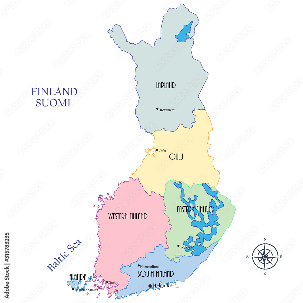 Tourist map of Finland, administrative districts and main cities ...