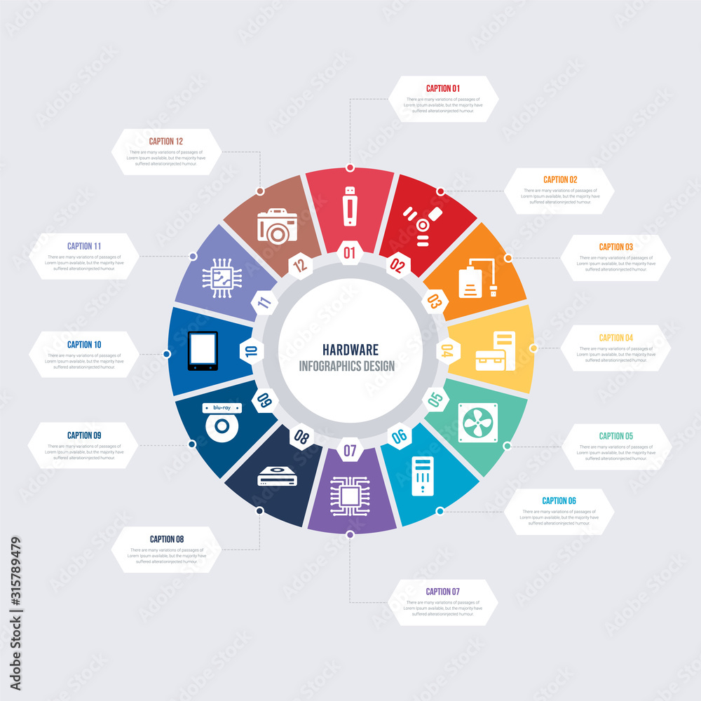 round 12 options hardware infographic template design. big camera, big ...