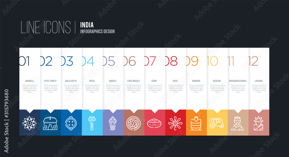 infographic design with 12 options. stroke line icons such as tikka ...