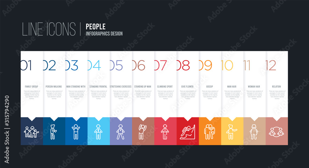 Infographic Design With 12 Options Stroke Line Icons Such As Standing