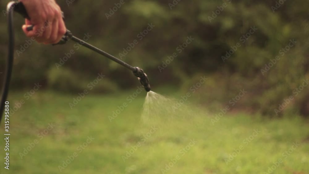 Spray fumigation in the park with green background. Spraying toxic ...