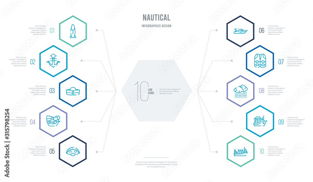 nautical concept business infographic design with 10 hexagon options ...