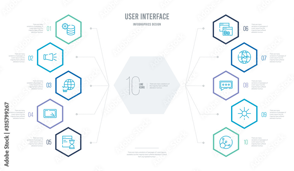 user interface concept business infographic design with 10 hexagon options. outline icons such ...