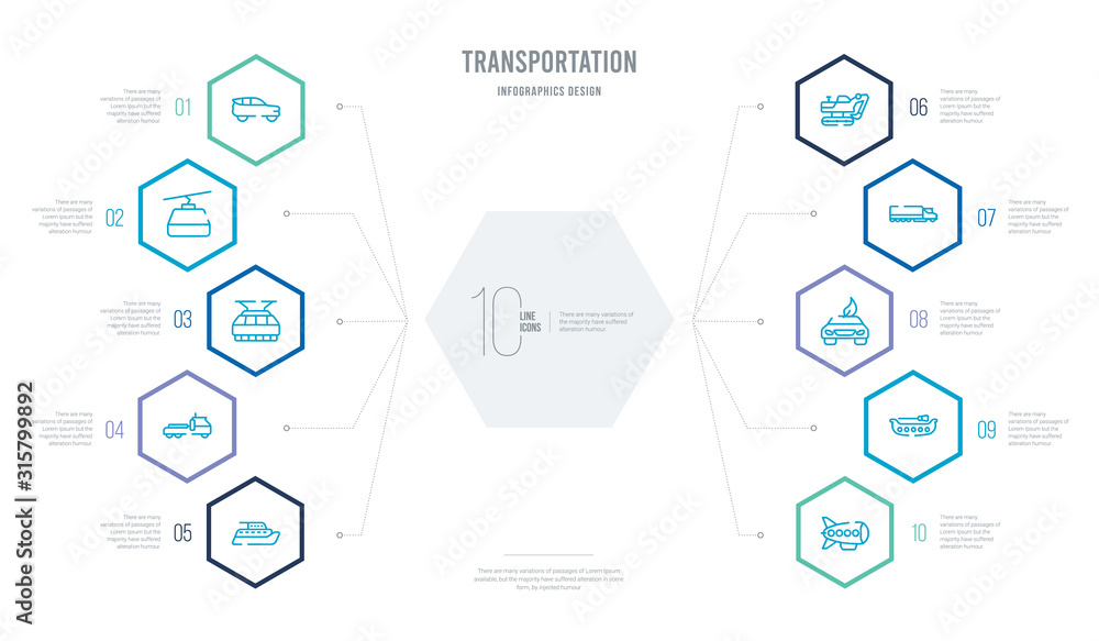 transportation concept business infographic design with 10 hexagon ...