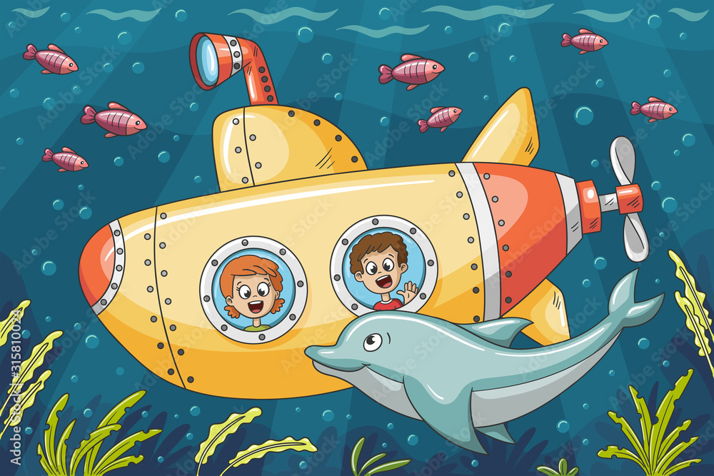 Children in a submarine explore the underwater world. Vector ...