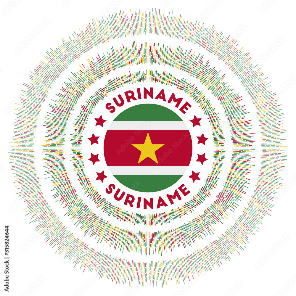 Suriname symbol. Radiant country flag with colorful rays. Shiny ...