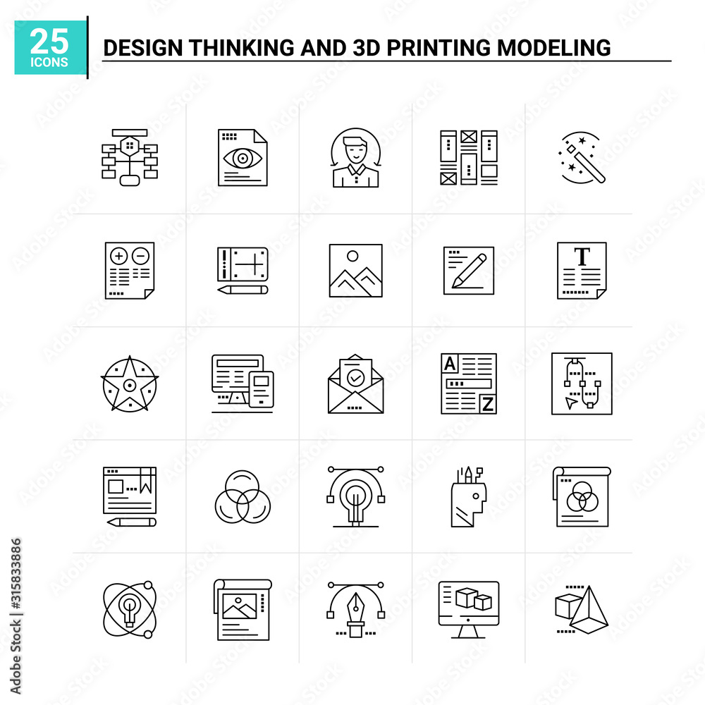 25 Design Thinking And 3d Printing Modeling icon set. vector background ...