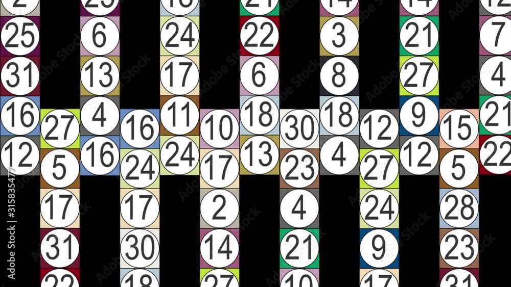 Animation of moving numbers in colorful fields. Vertical and horizontal ...