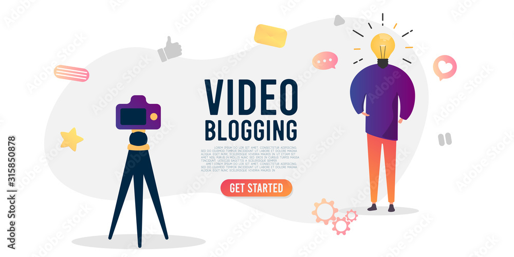 Cartoon internet blogger recording media content. Influencer filming ...