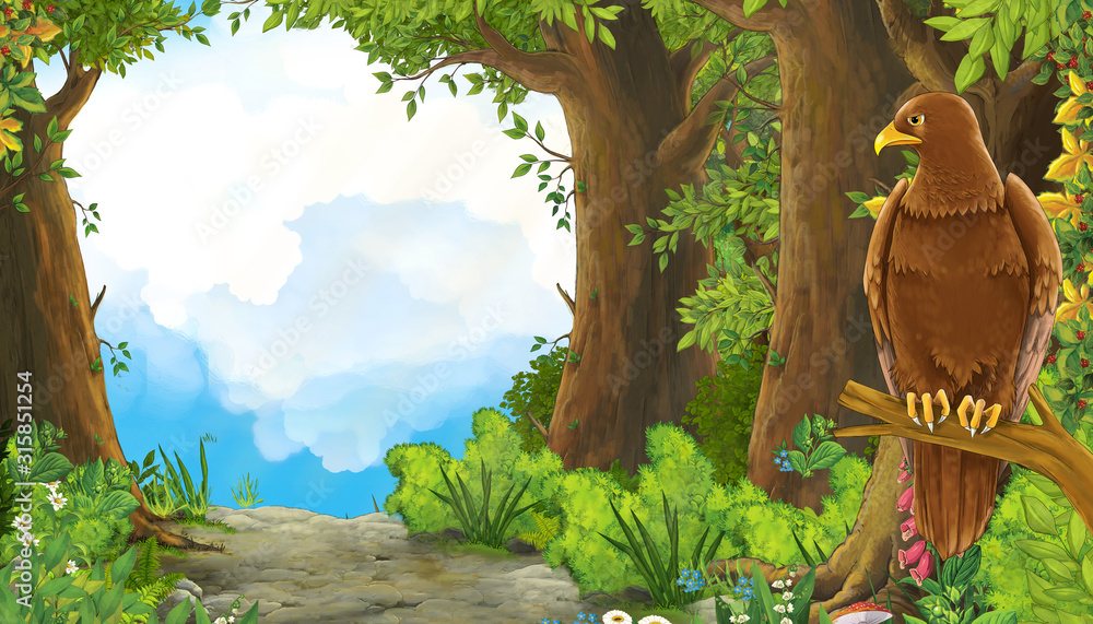 cartoon scene with eagle bird in the forest with hidden entrance ...