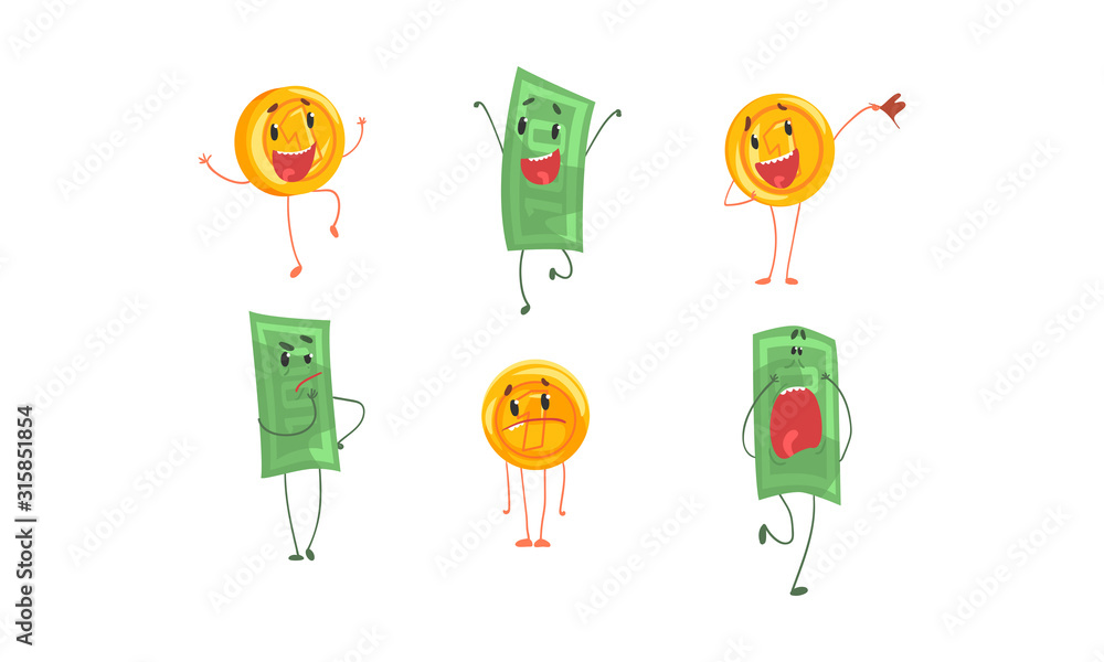 Money Bills and Golden Coins Humanized Characters with Funny Faces ...