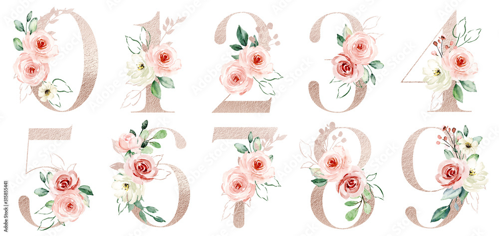 Gold numbers set with watercolor flowers peach roses and leaf ...