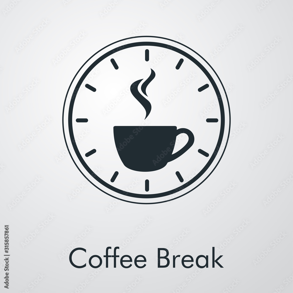 Logotipo Coffee Break. Icono plano taza de café con humo con reloj en ...