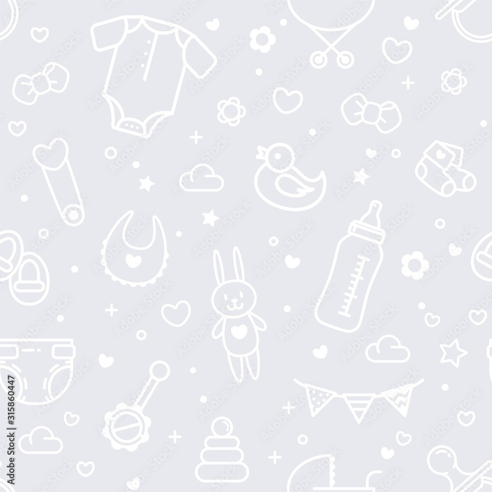 Baby Seamless Background In White and Gray Colors. Vector Cartoon ...