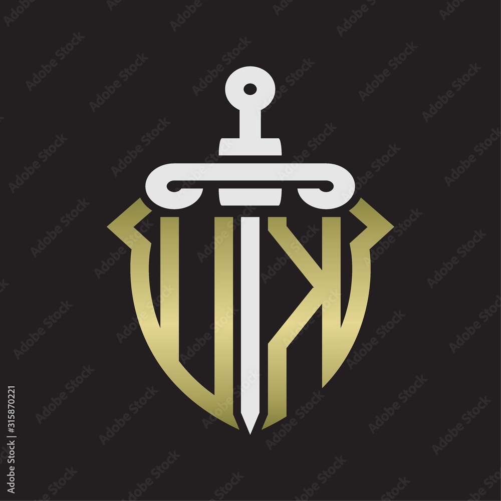 UK Logo monogram with sword and shield combination isolated with gold ...