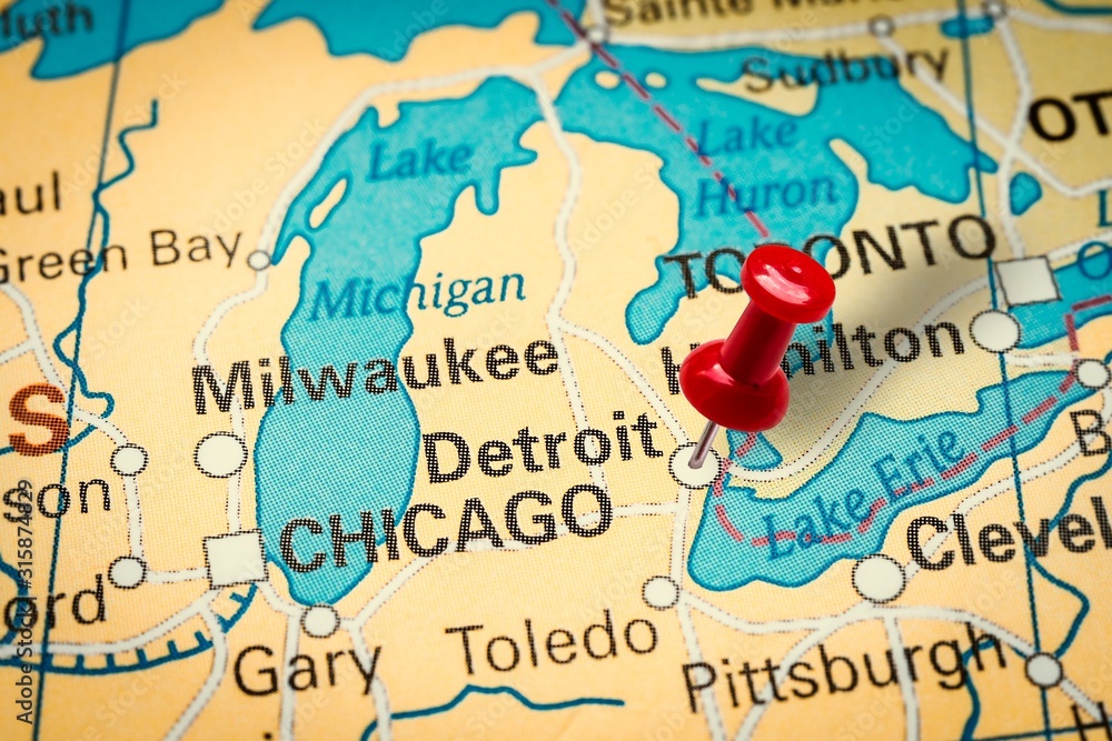 Pushpin pointing at Detroit city in Michigan, America Stock Photo ...