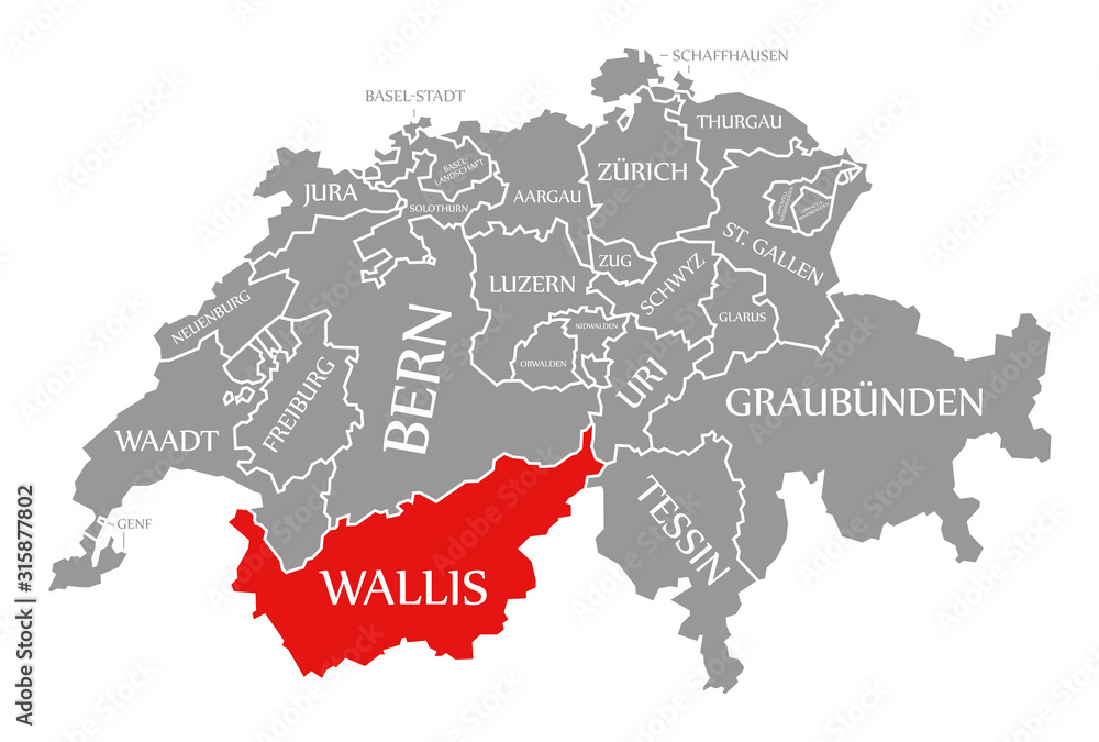 Wallis red highlighted in map of Switzerland Stock Illustration | Adobe ...