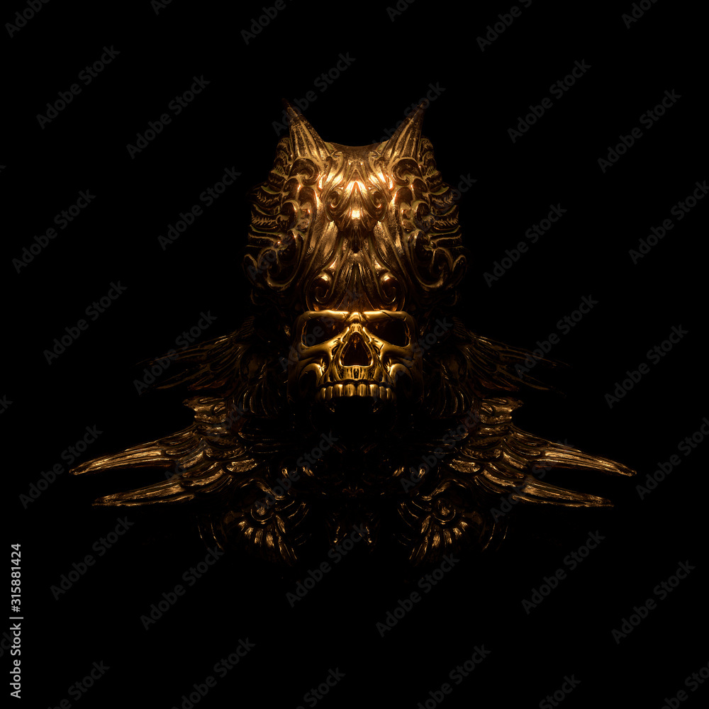 Scary golden skull in a decorative bronze crown with oriental ornaments ...