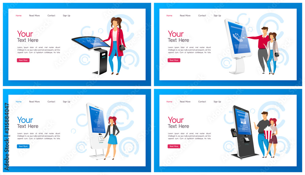 Interactive self order kiosk landing page vector template set. Modern ...