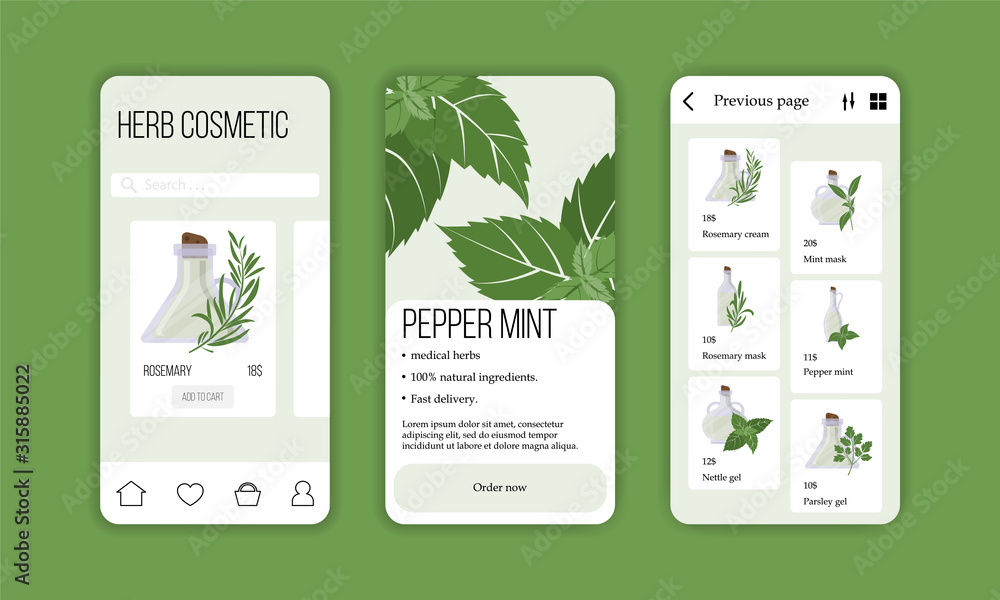 Herb cosmetic shop mobile application template. Modern illustration for ...