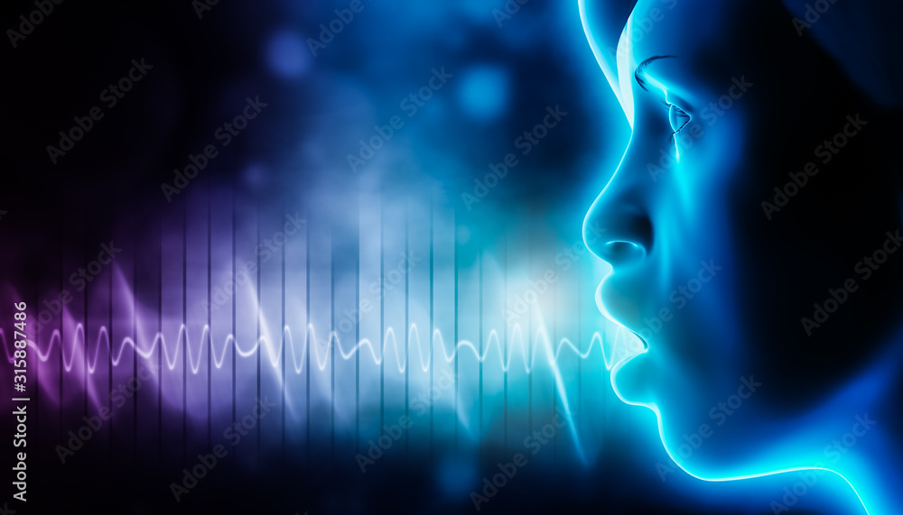 Voice soundwave with human head profile representing someone speaking ...