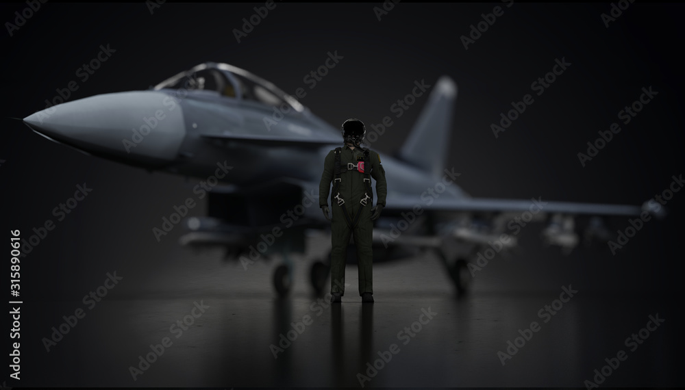 Eurofighter typhoon jet with pilot standing in front 3d render Stock ...