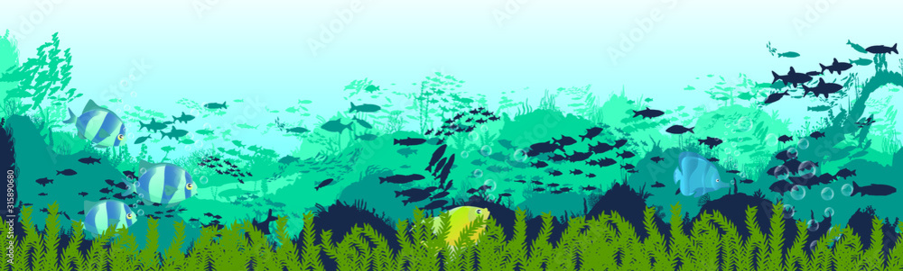 fish and algae on the background of reefs. Underwater ocean scene. Deep ...