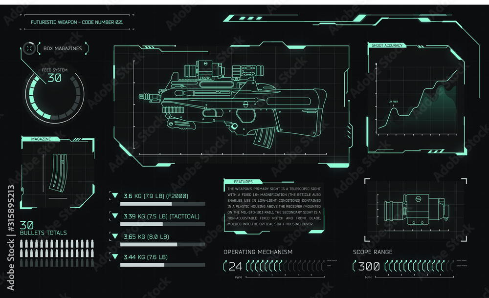 Game interface with futuristic weapon and graphs Stock Vector | Adobe Stock