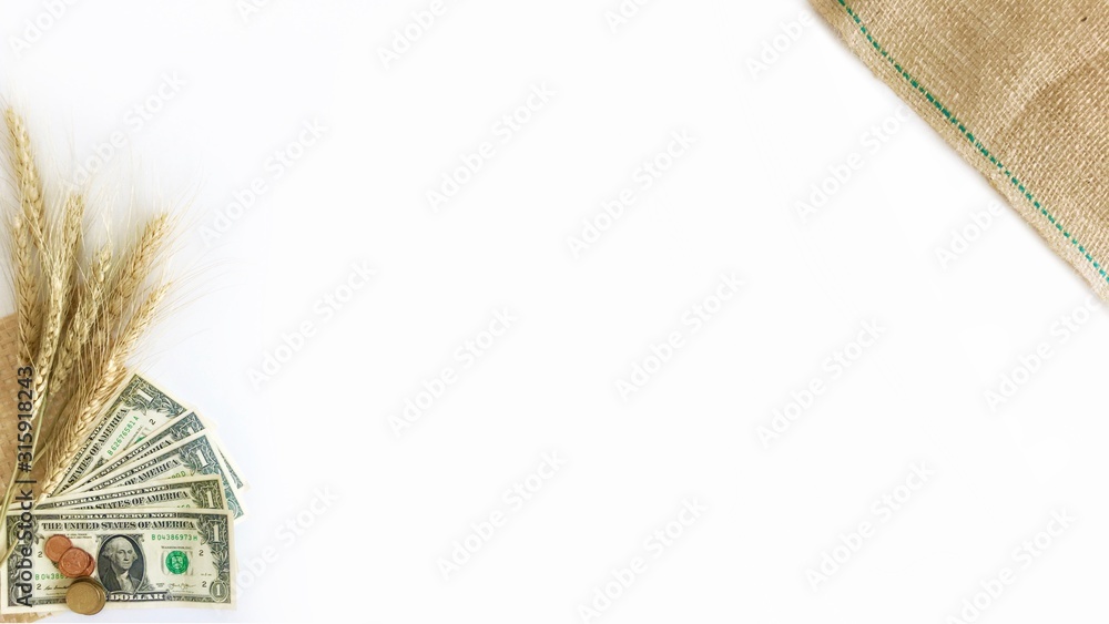 White background with money, paddy rice and vintage fabrics on the ...