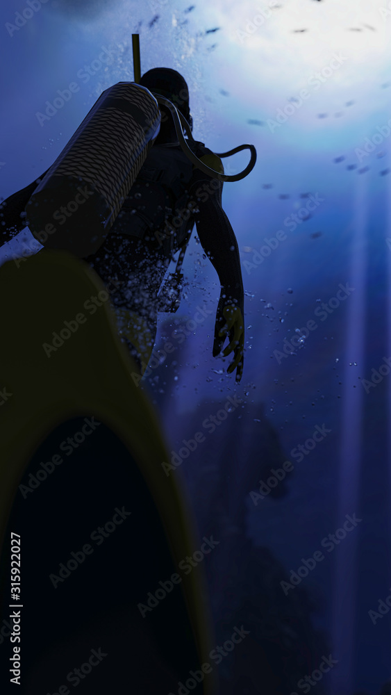Scuba diver reaching to the ocean surface looking at the light ...
