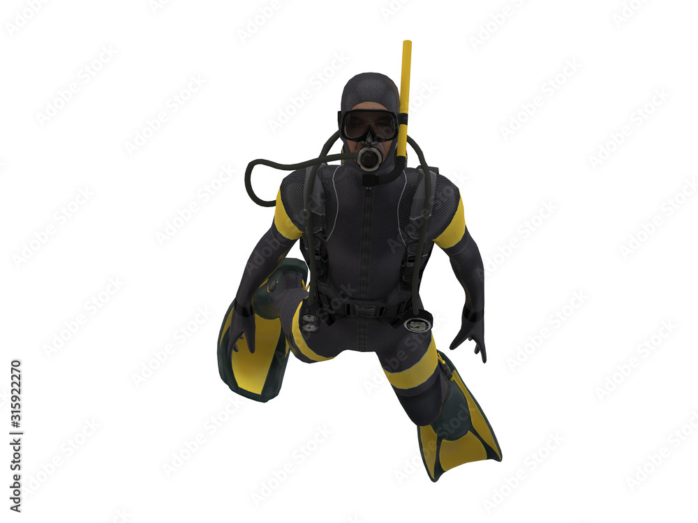Front side view of isolated scuba diver white background ready cutout ...