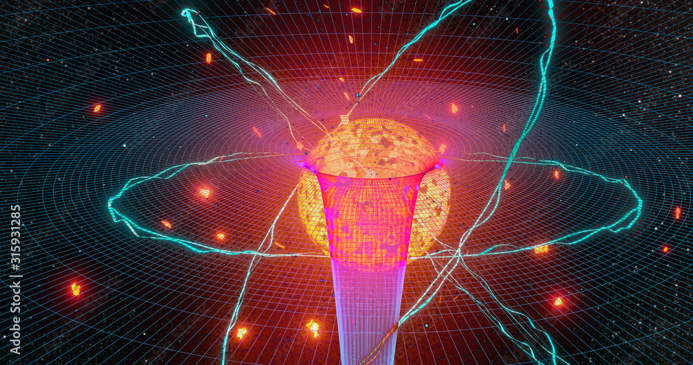 Quantum physics particles concept with atom core protons and neutrons ...