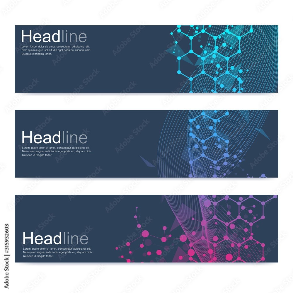 Scientific set of modern vector banners. DNA molecule structure with ...