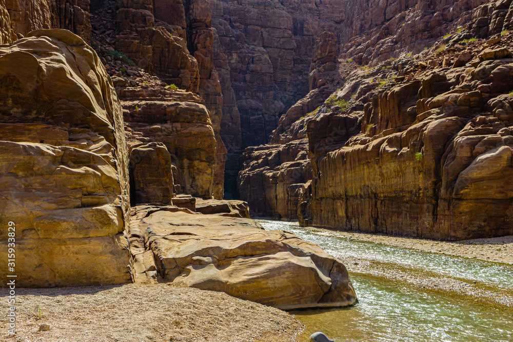 Wadi Mujib Nature Reserve in Jordan. Mujib Canyon near Dead Sea ...
