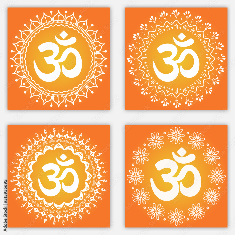 Set of Indian mantra om with floral ornament on orange background ...