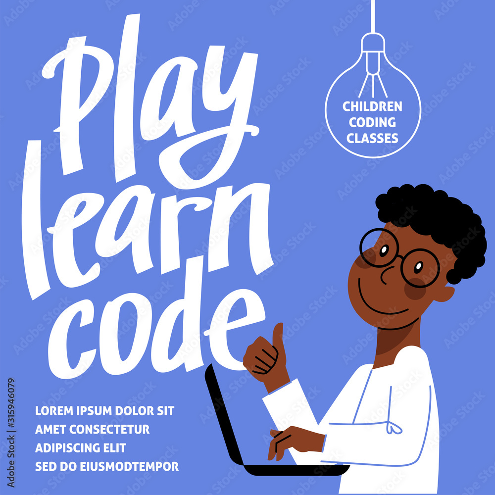 A square image of a boy who studies coding. A vector image for a flyer ...